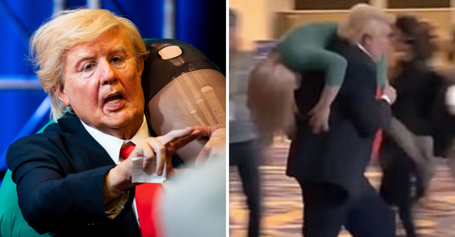 Sacha Baron Cohen Dressed As Donald Trump In A Fat Suit To Crash Rally